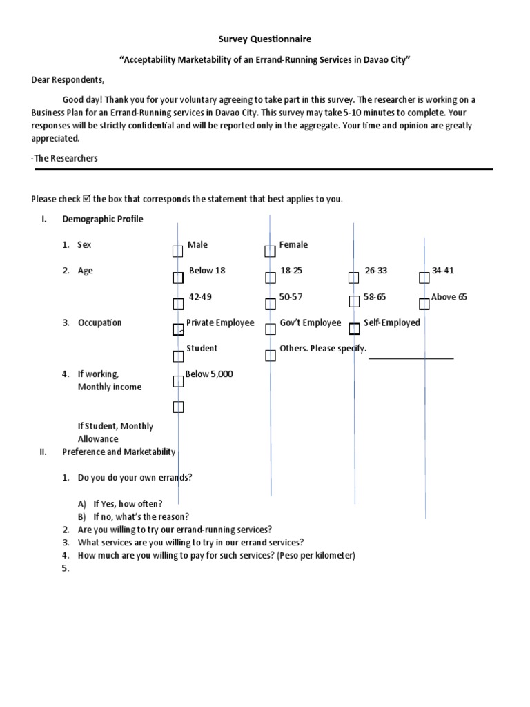 Survey Questionnaire: "Acceptability Marketability of An Errand-Running ...