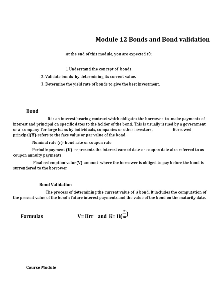 W11-12 Module 012 Bonds and Bond Validation | PDF | Bonds (Finance ...