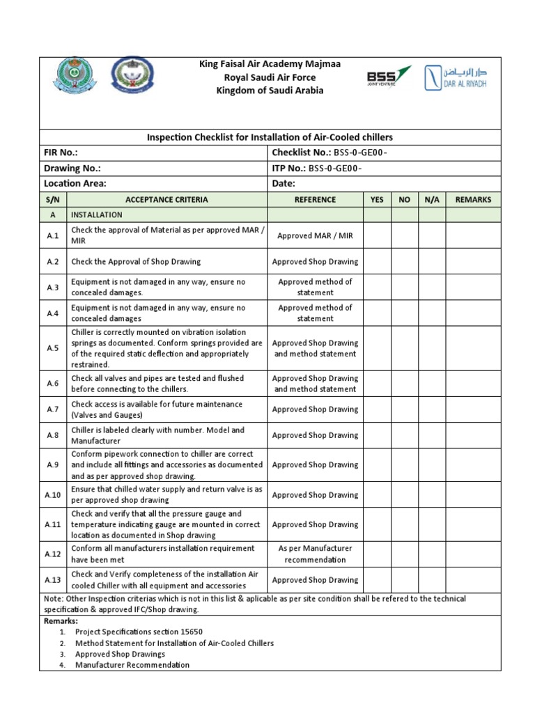 04 Inspection Checklist - Installation of Air-Cooled Chillers | PDF ...