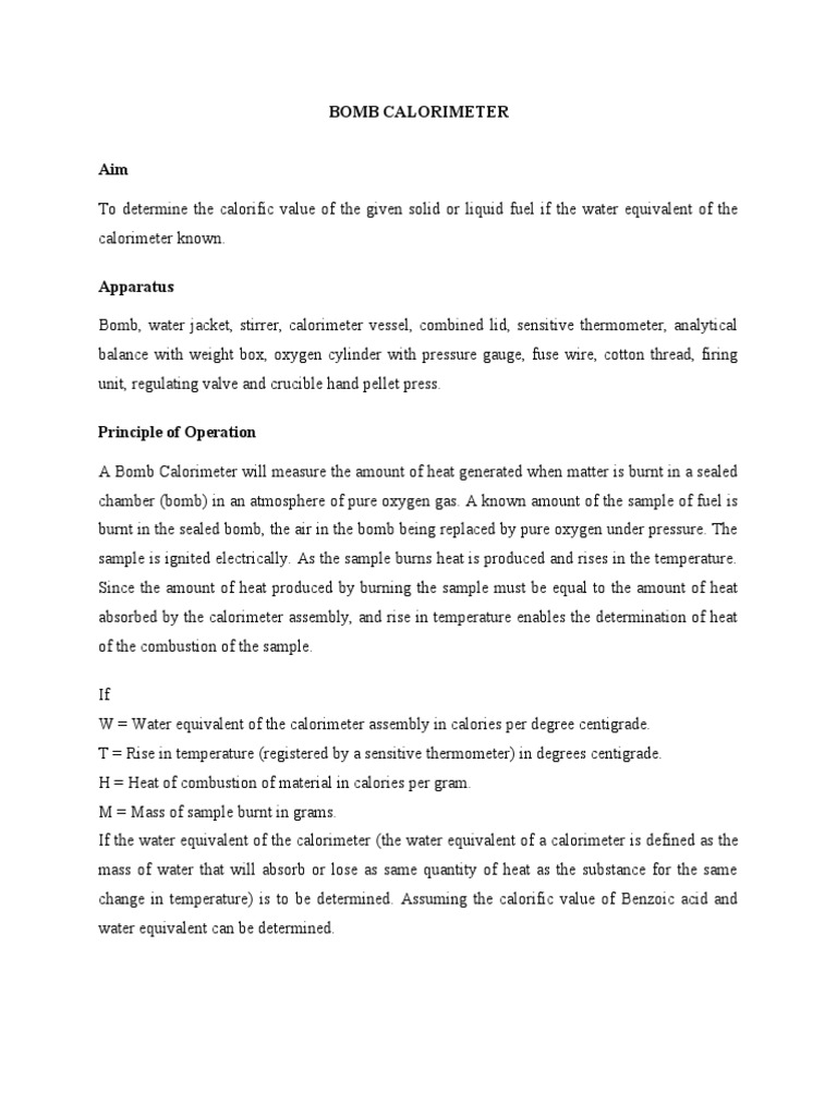 Bomb Calorimeter Experiment Guide | PDF | Chemistry | Physical Quantities