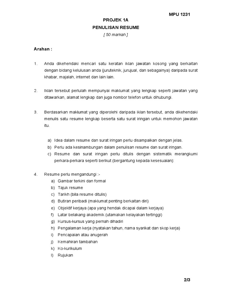 Projek 1a - Penulisan Resume | PDF
