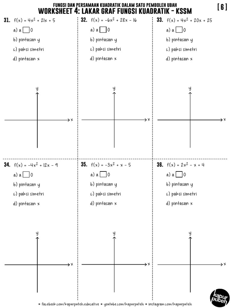(Worksheet KSSM) Lakar Graf Fungsi Kuadratik (Form 4) - Split - 9 | PDF