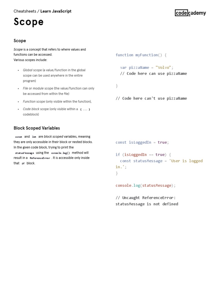 Learn JavaScript - Scope Cheatsheet | PDF | Scope (Computer Science ...