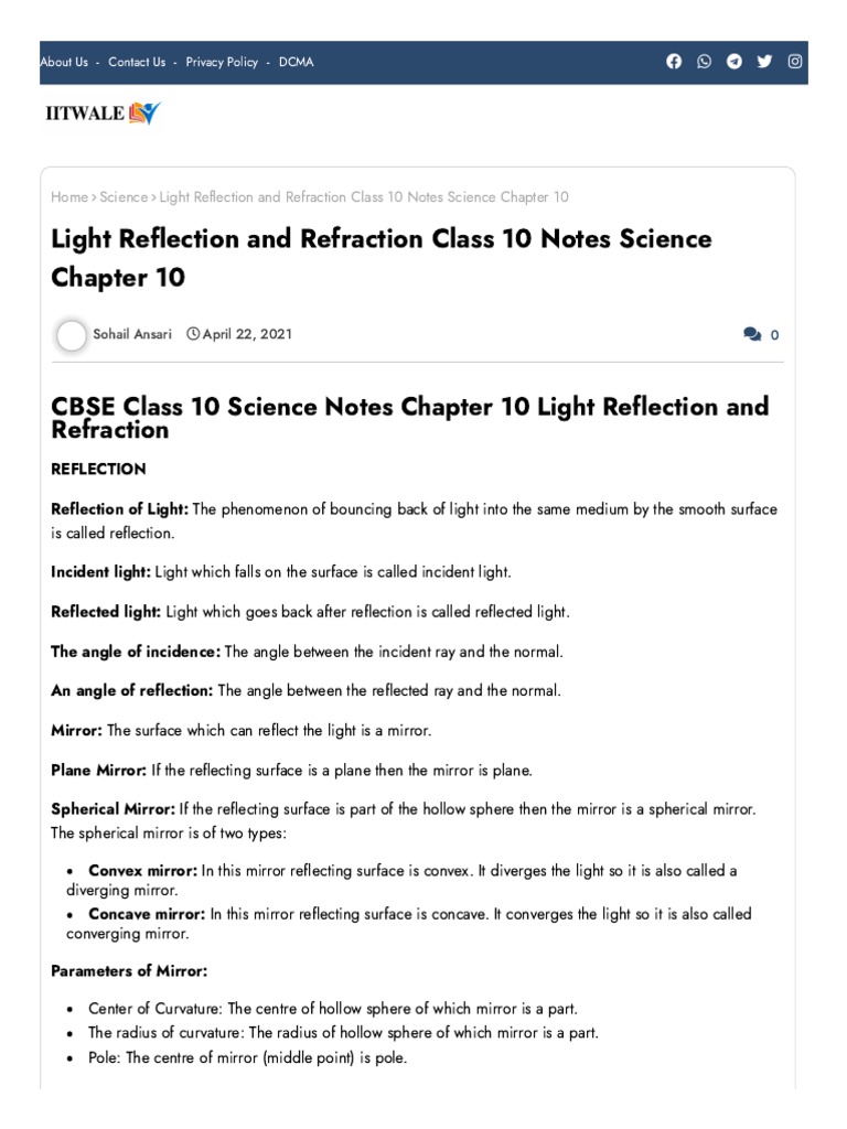 Chapter 10 Light Reflection and Refraction Note | PDF | Mirror | Optics