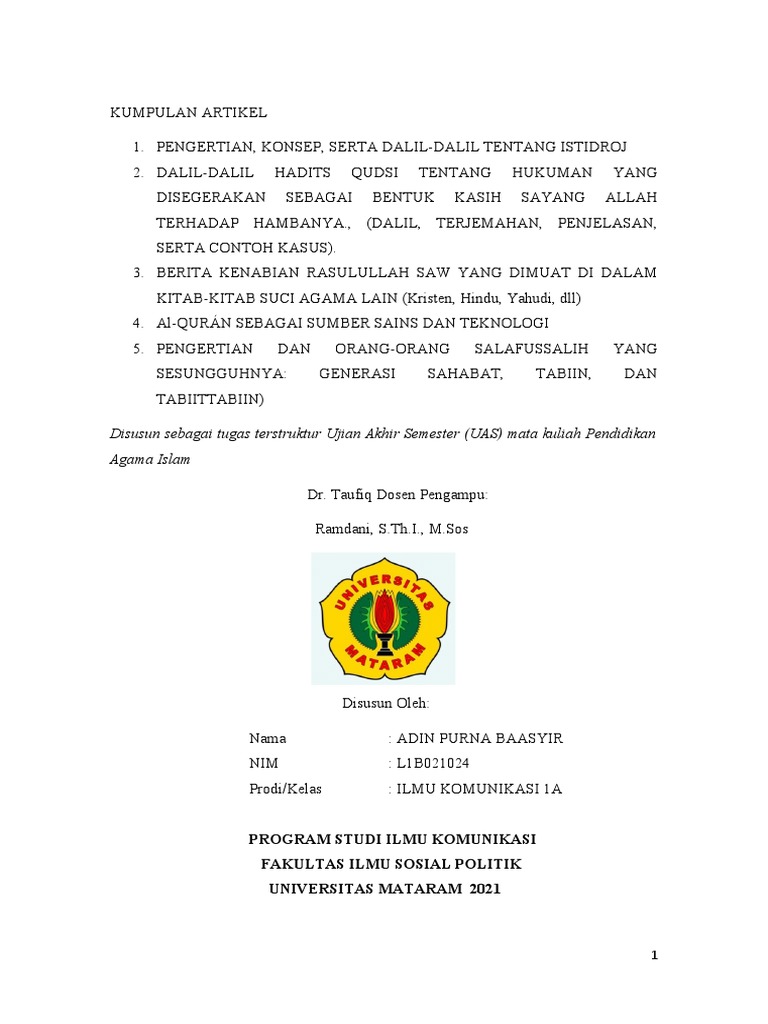 Adin Purna Baasyir, Agama Islam, Ilmu Komunikasi, Dr. Taufiq Ramdani, S.Th.l.,M.Sos | PDF
