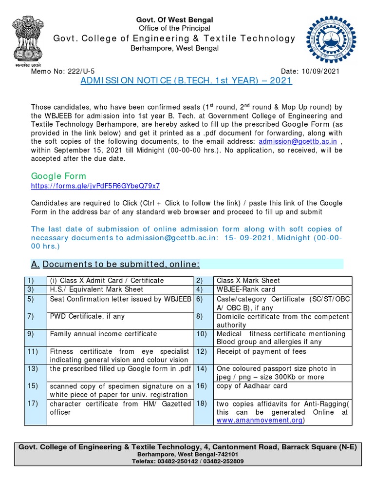 Admission Notice (B.Tech. 1St Year) - 2021: Govt. College of ...
