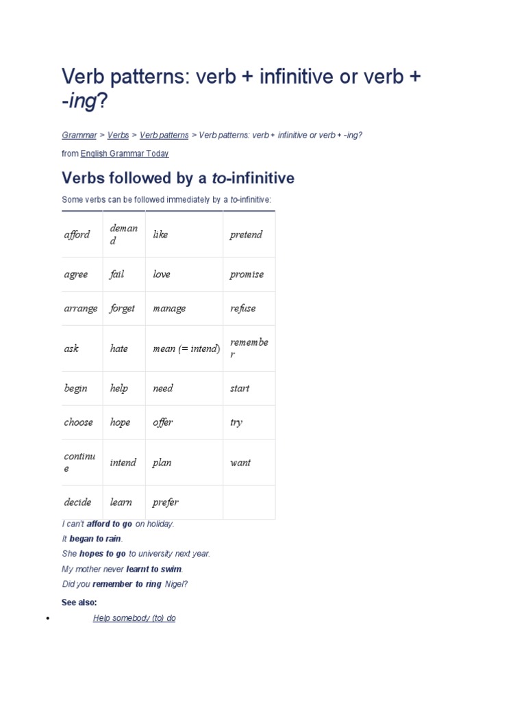 Verb Patterns: Verb + Infinitive or Verb + - Ing?: Verbs Followed by A ...