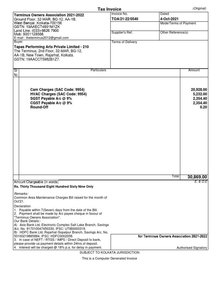 Tax Invoice: The Terminus, 2nd Floor, 32-MAR, BG-12, AA-1B, New Town ...