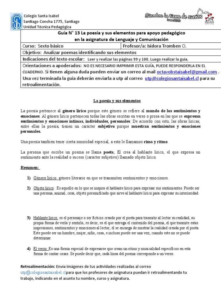 Guía Nº13 Lenguaje Sexto - La Poesía y Sus Elementos | PDF | Poesía
