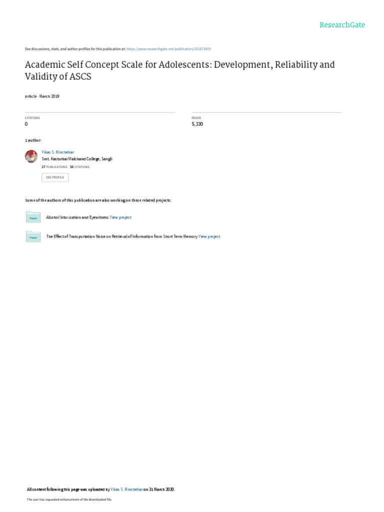 Academic Self Concept Scale For Adolescents Development Reliability And