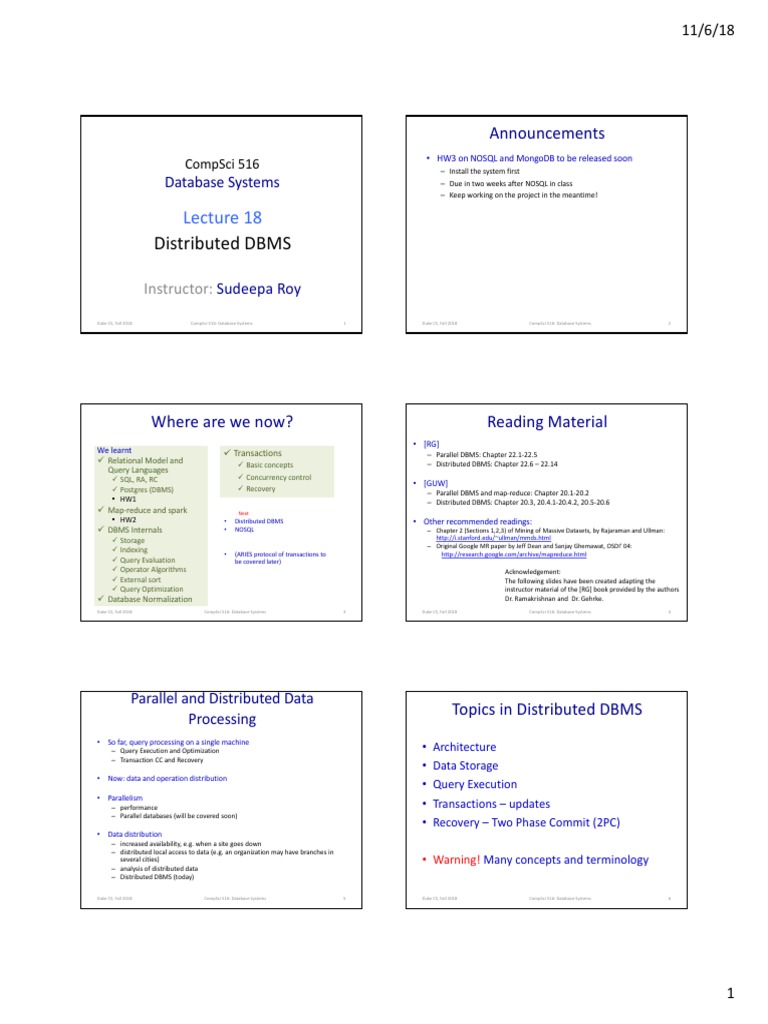Distributed DBMS: Announcements | PDF | Databases | Replication (Computing)