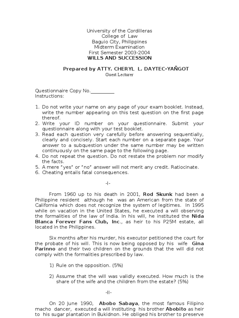 PHILIPPINE WILLS AND SUCCESSION-Midterm Examination | Will And ...