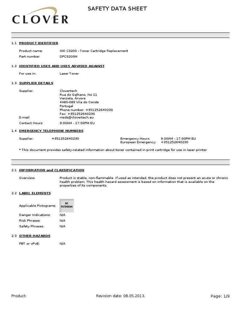COSHH Safety Data for OKI C3200 Toner | PDF | Toxicity | Chemistry
