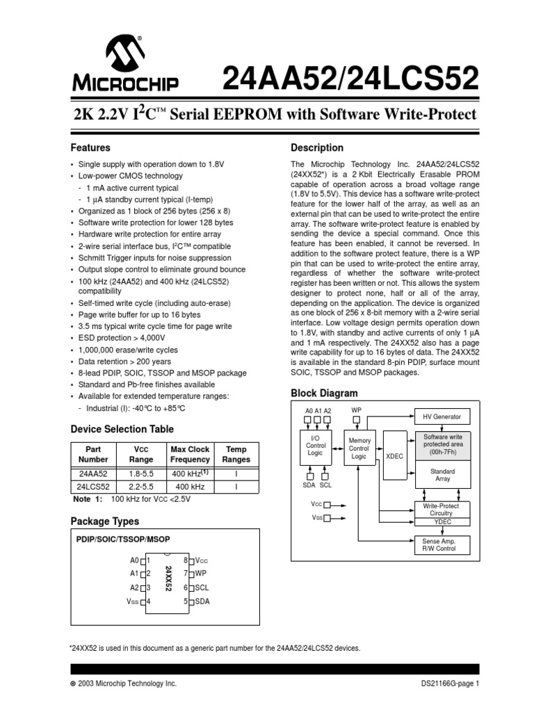 24AA52/24LCS52: 2K 2.2V I C Serial EEPROM With Software Write-Protect | PDF | Bit | Pointer ...