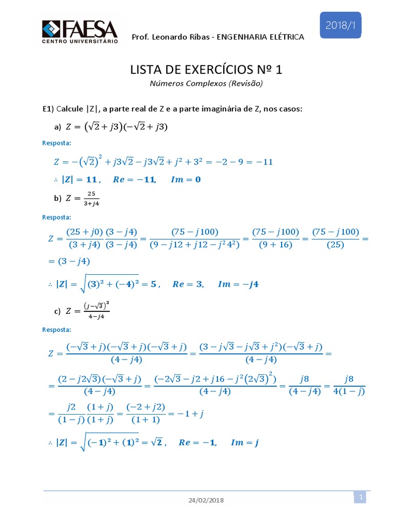 Gabarito Lista 01 de Exercícios - Números Complexos | PDF | Objetos matemáticos | Matemática