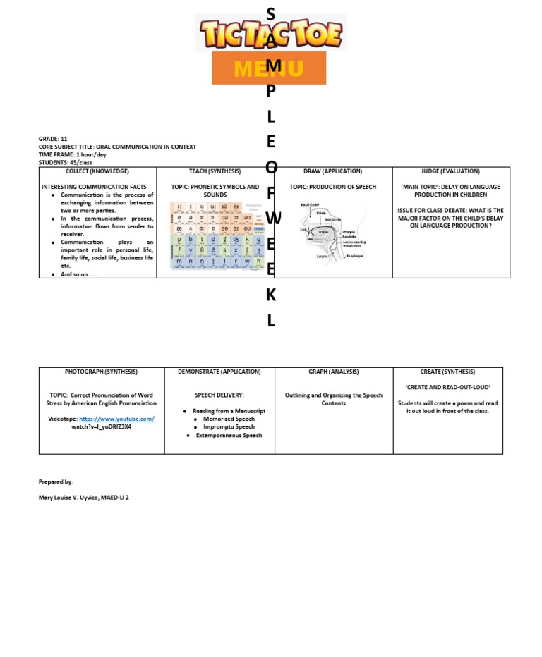 Sample of Tic-Tac-Toe Menu | PDF | Speech | Communication