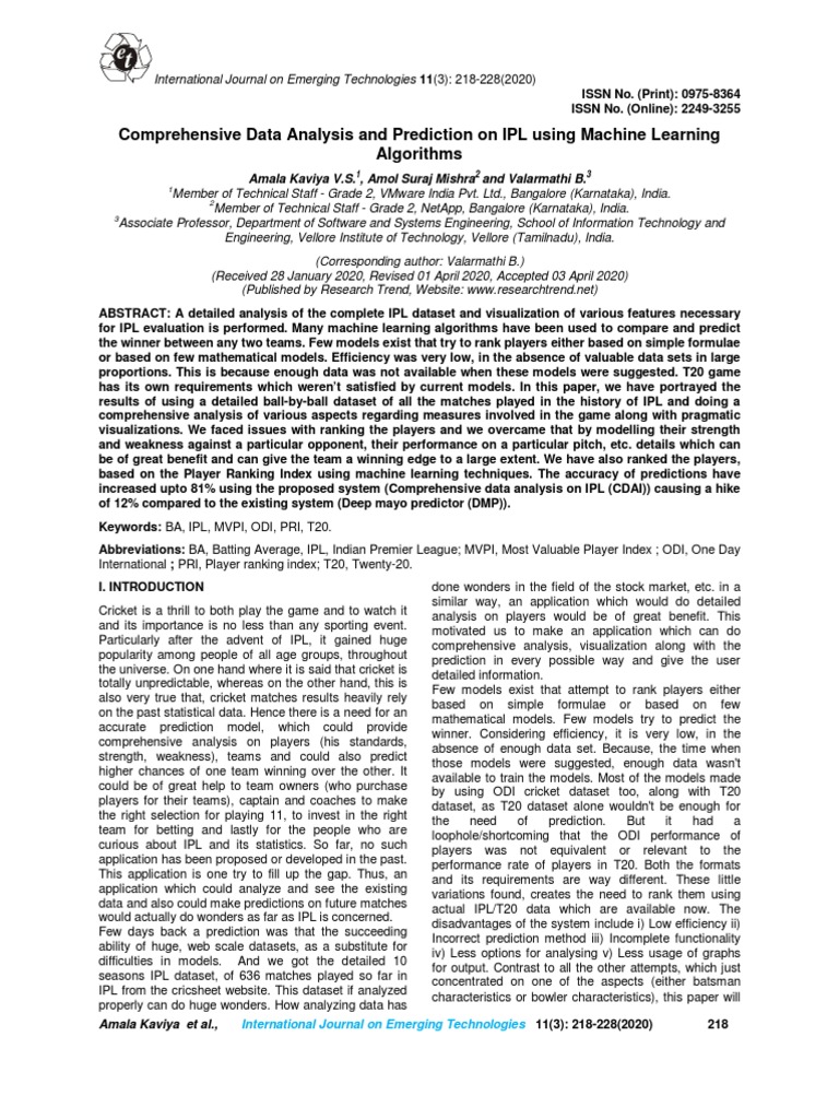 Comprehensive Data Analysis And Prediction On Ipl Using Machine Learning Algorithms Valarmathi B