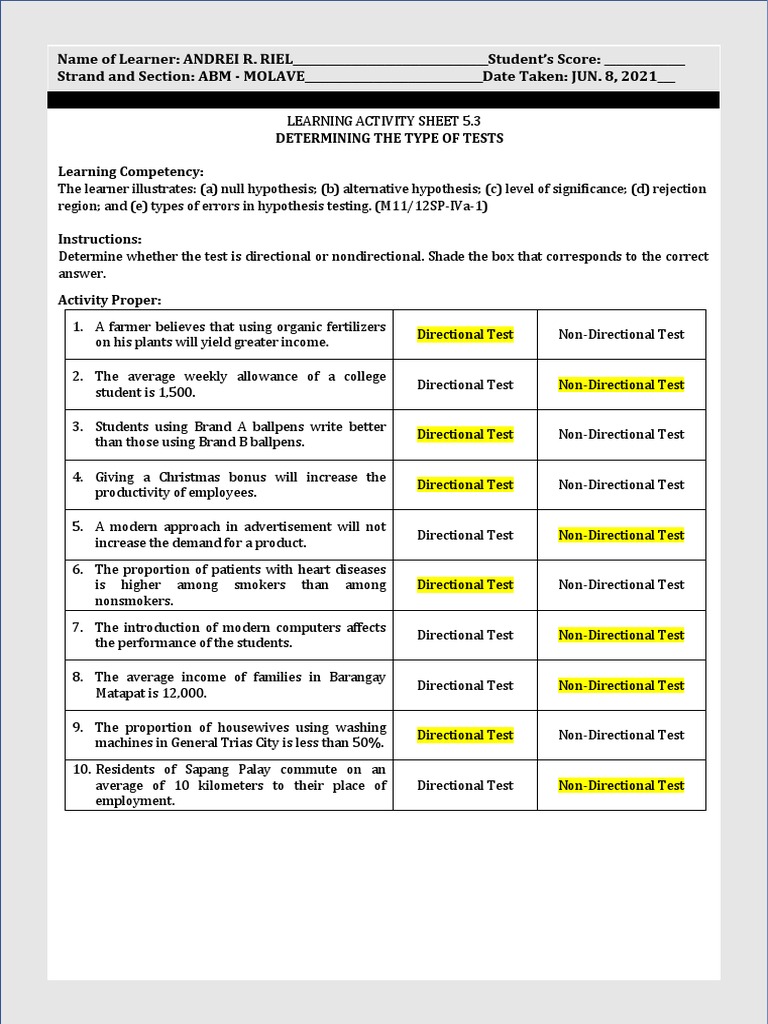 Types of Hypothesis Tests Activity | PDF | Cognition