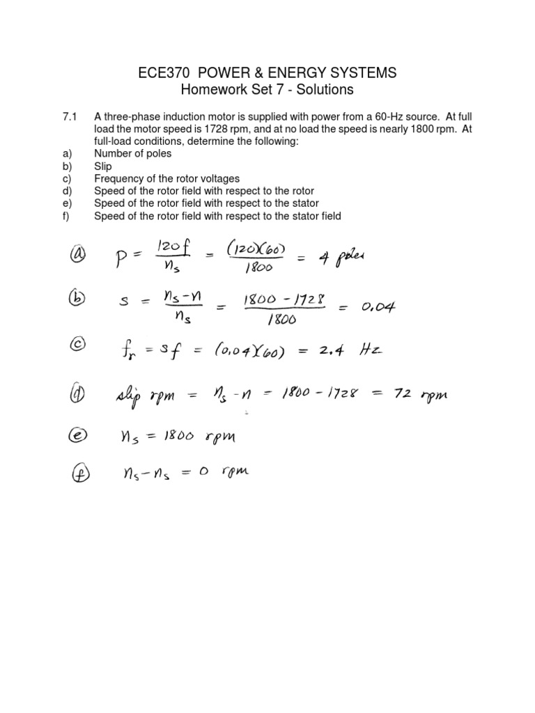 Ece370 Power & Energy Systems Homework Set 7 - Solutions | PDF | Electric Motor | Power (Physics)