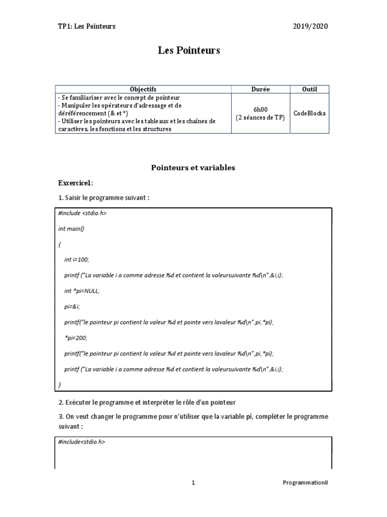 TP1 Les Pointeurs | PDF | Pointeur (programmation) | Variable (informatique)