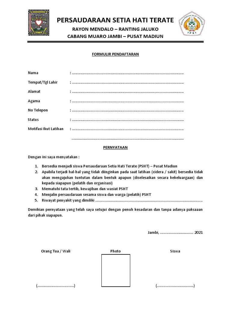 Formulir Pendaftaran PSHT | PDF