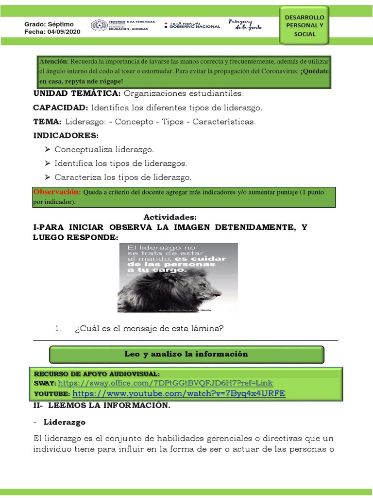 7º Grado Desarrollo Personal 04 09 2020 1 | PDF | Liderazgo ...