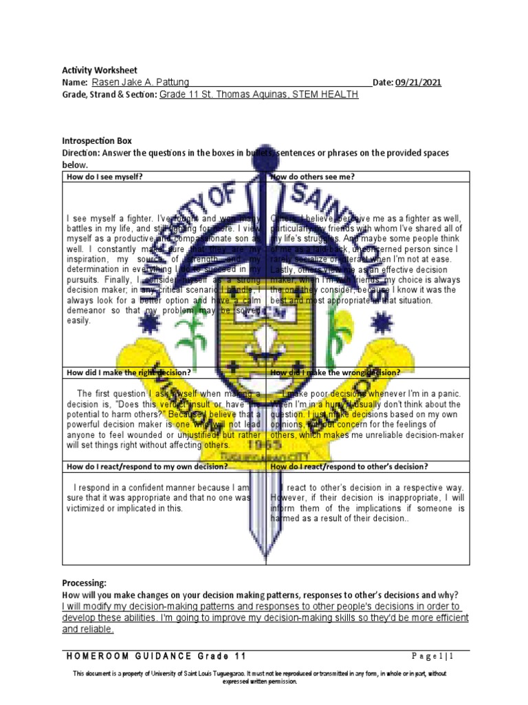 Activity Worksheet: How Do I See Myself? How Do Others See Me? | PDF ...