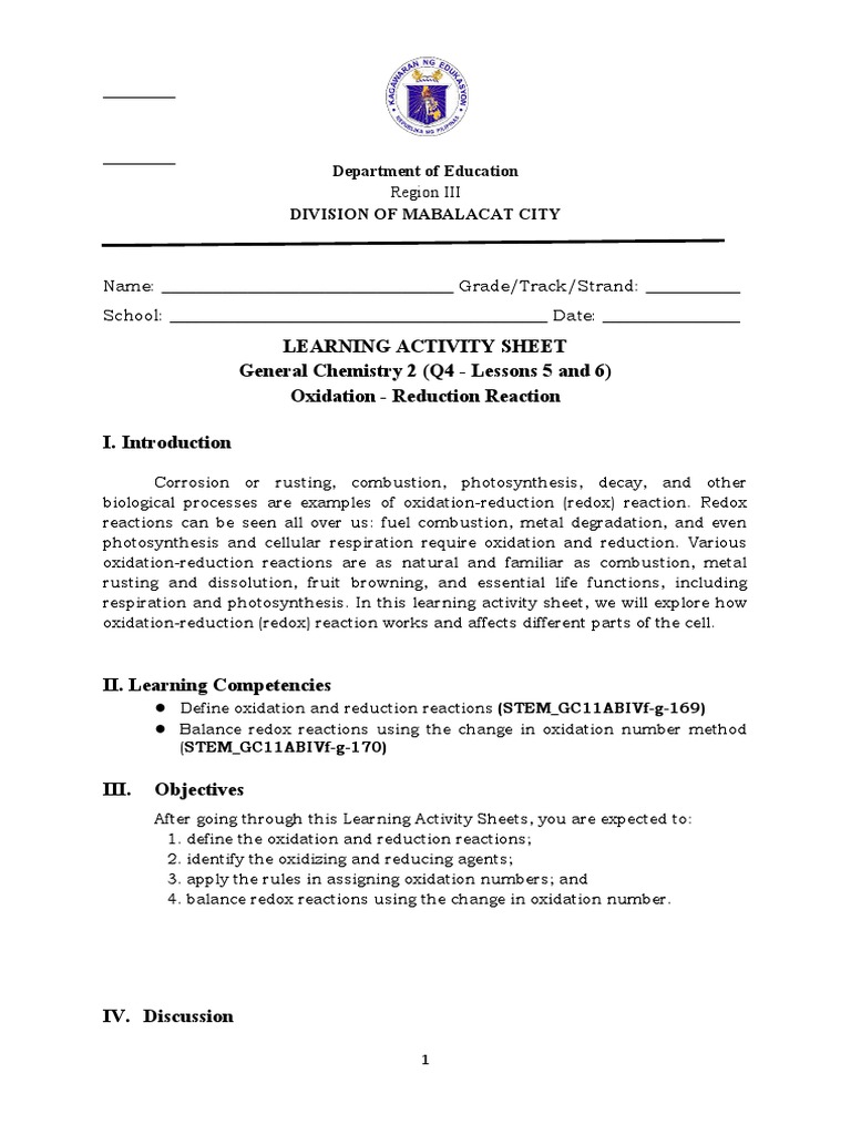Learning Activity Sheet General Chemistry 2 (Q4 - Lessons 5 and 6 ...