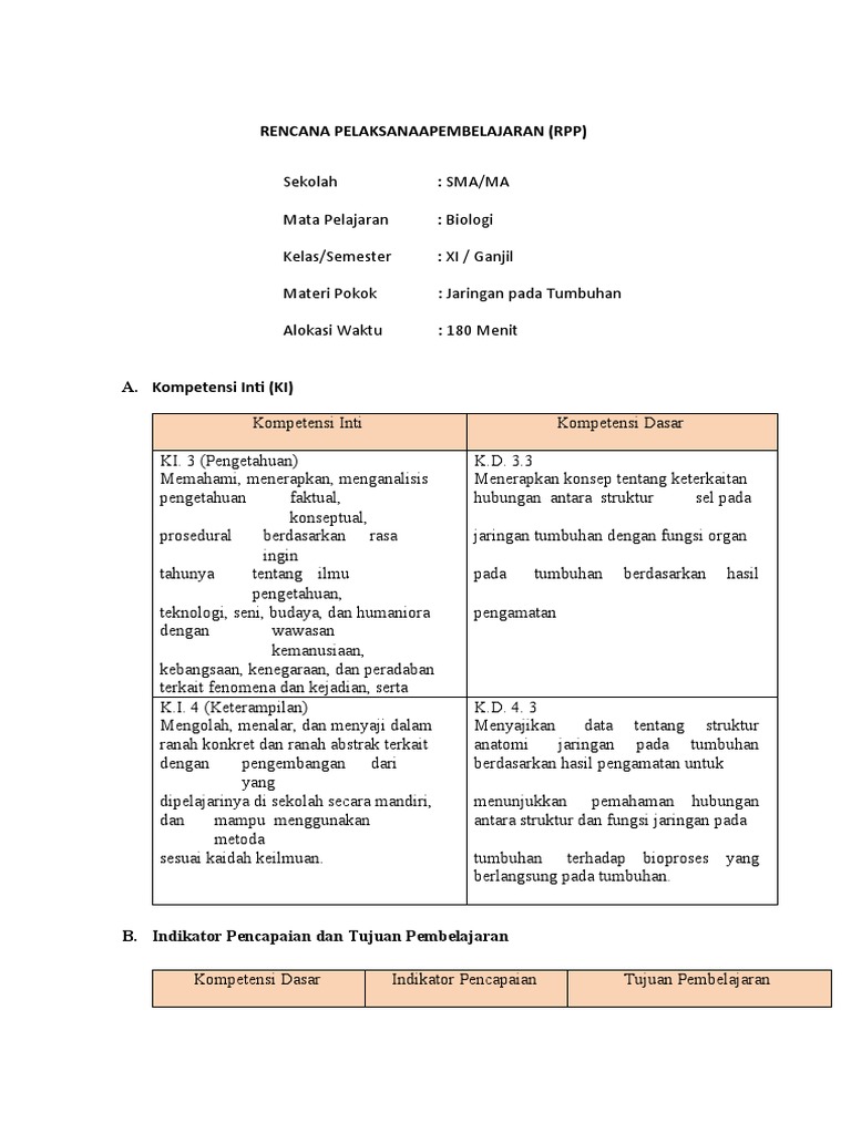 RPP Problem Based Learning - Kelas XI SMA (Jaringan Tumbuhan | PDF