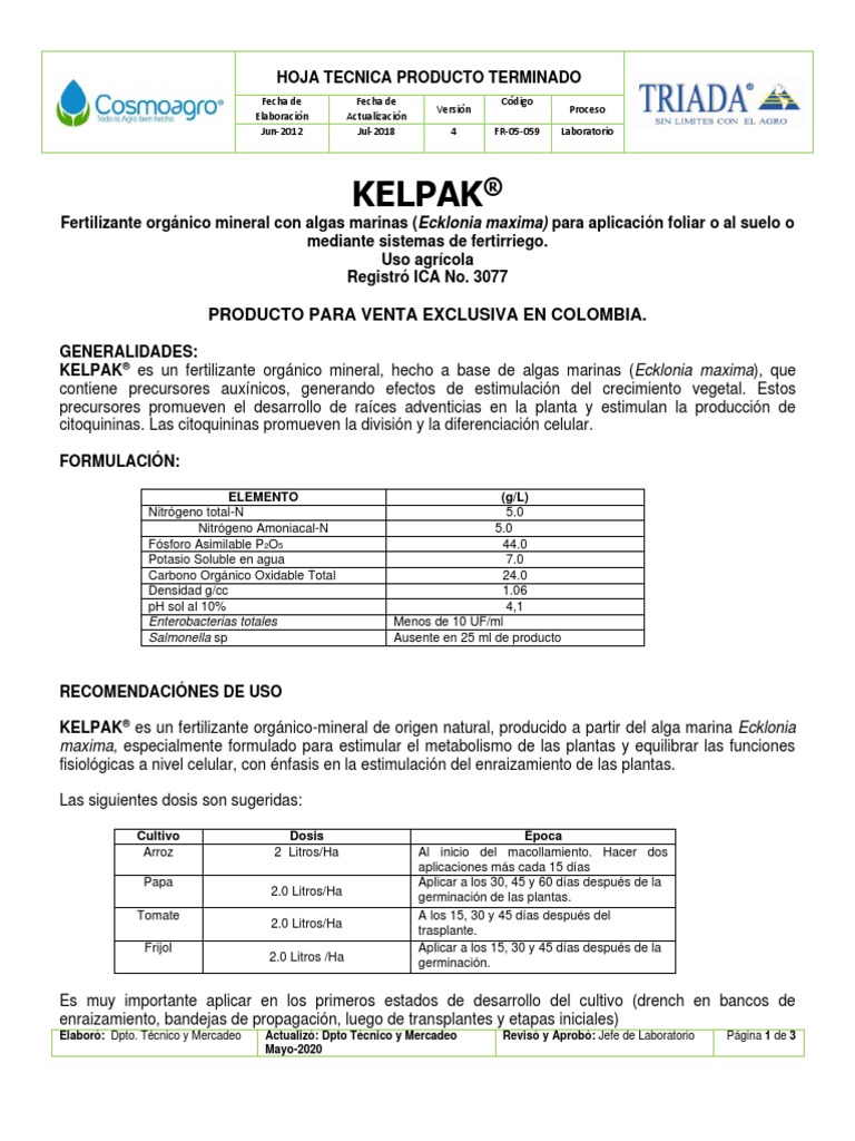 KELPAK Hoja Tecnica | PDF | Fertilizante | Alimentos