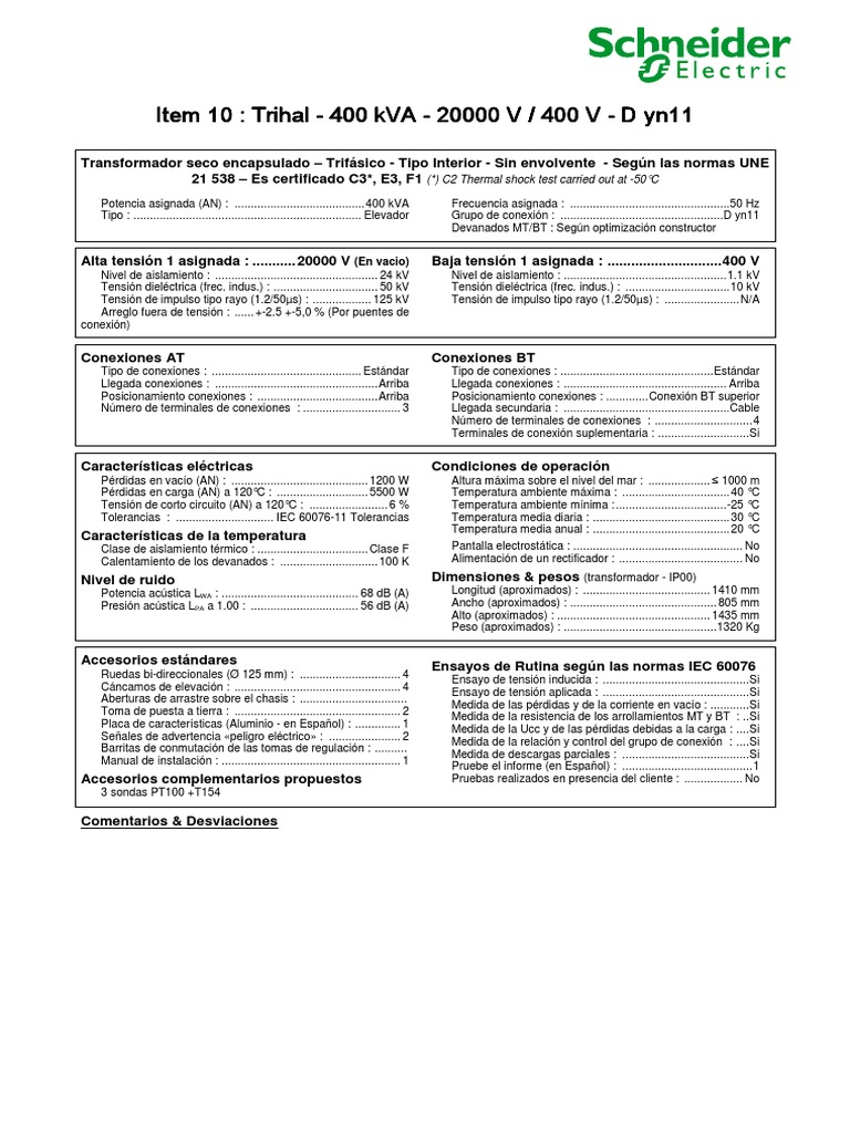 Trihal 400kva 20kv 400v Elevador | Descargar gratis PDF | Transformador ...