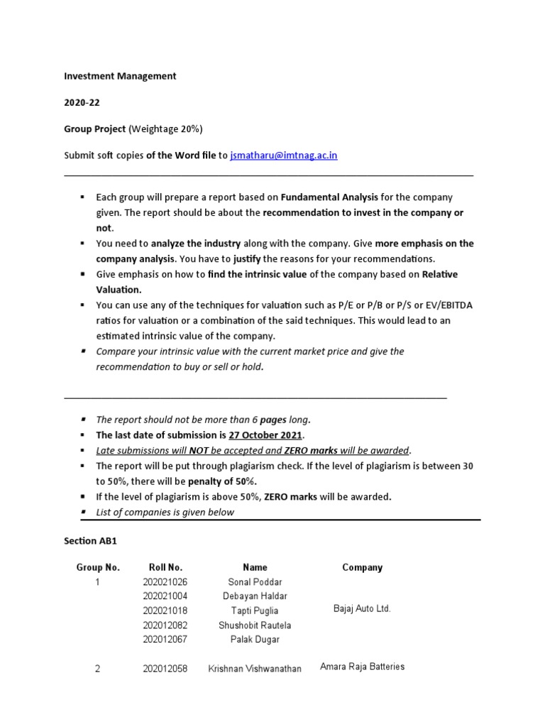 Investment Management 2020-22 Group Project (Weightage 20%) : Jsmatharu ...