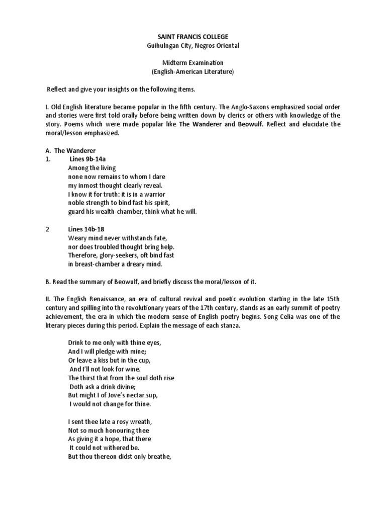 English American Midterm Exam | PDF | Age Of Enlightenment