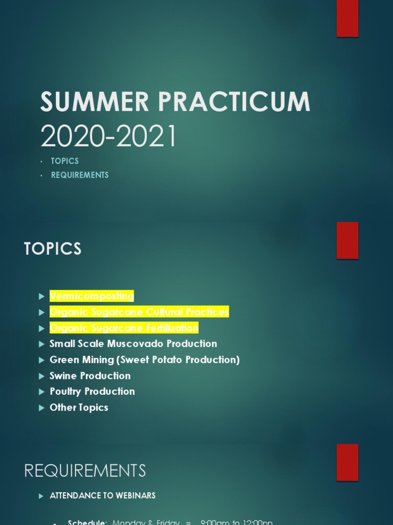 Summer Practicum Topics Requirements Pdf Agriculture