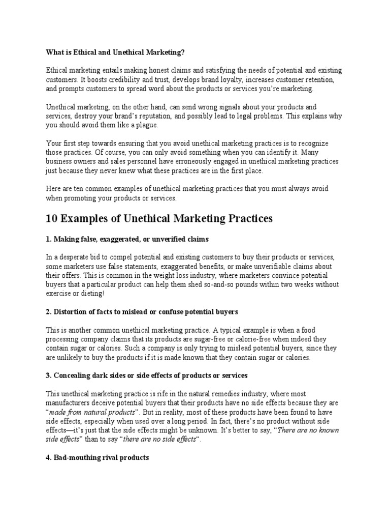 What Is Ethical And Unethical Marketing Unethical Practice Pdf