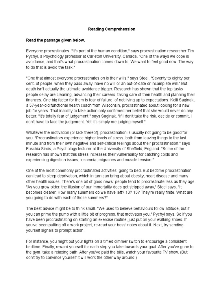 Reading Comprehension (Procrastination) | PDF | Professional Skills ...