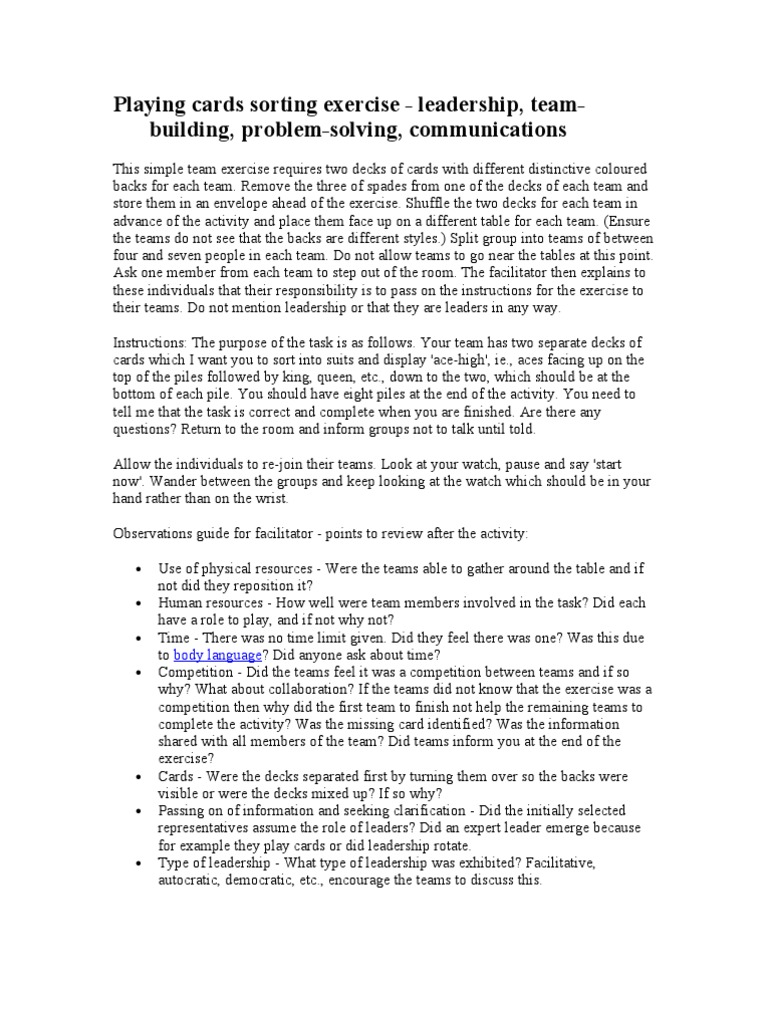 Playing Cards Sorting Exercise | PDF | Leadership | Behavior Modification
