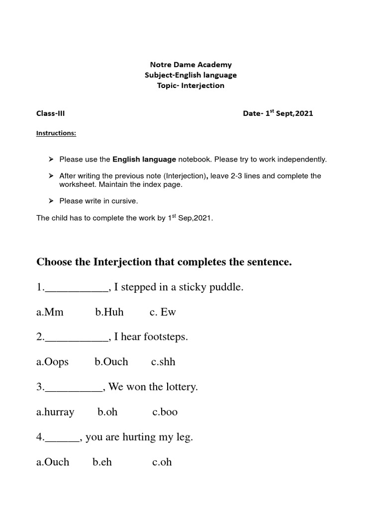 Choose The Interjection That Completes The Sentence.: Notre Dame ...