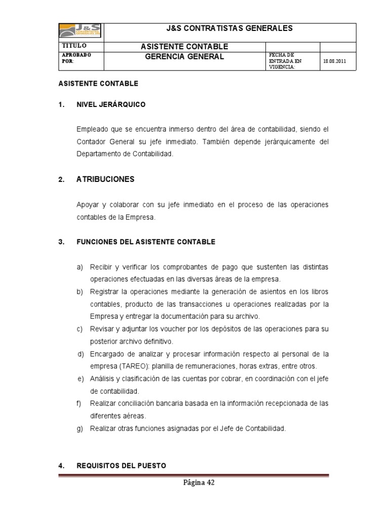 Funciones y Requisitos Asistente Contable | PDF | Contabilidad | Contador