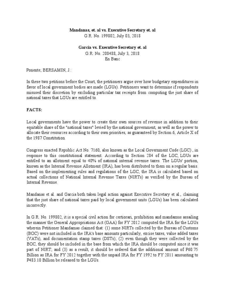 LGU Tax Share Ruling: Mandanas & Garcia Cases | PDF | Mandamus ...