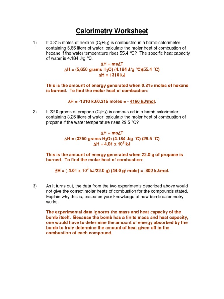 Calorimetry Worksheet Solutions | PDF | Mole (Unit) | Chemical Substances