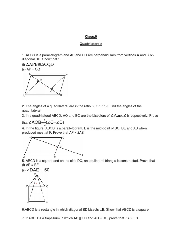Quadrilaterals Worksheet Grade 9