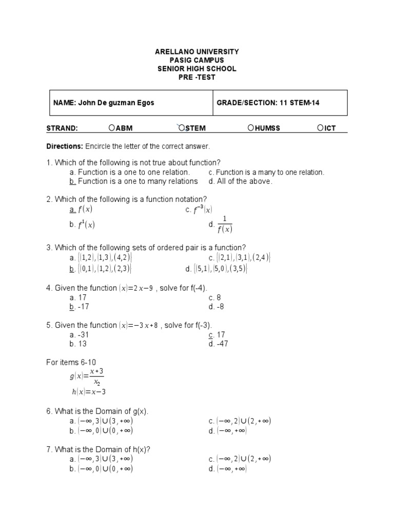Arellano University Pasig Campus Senior High School Pre - Test | PDF ...