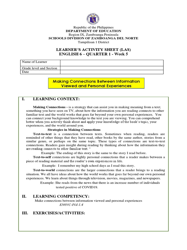 Analyzing Connections Between Texts, Personal Experiences, and the ...