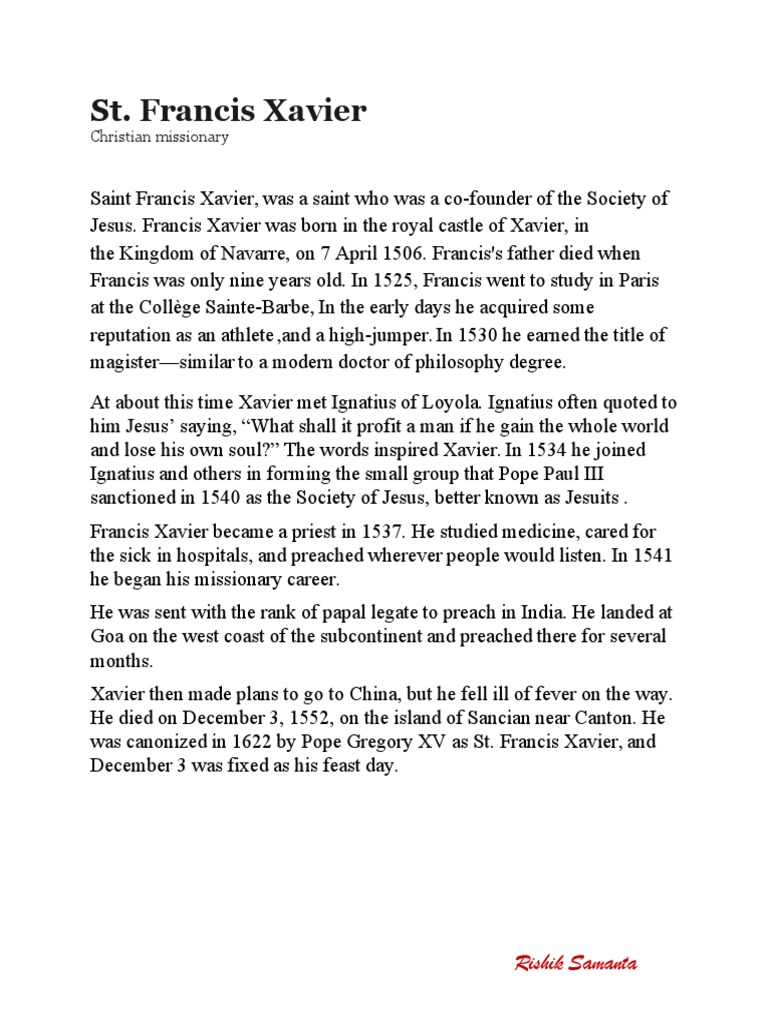 Life and Legacy of St. Francis Xavier | PDF
