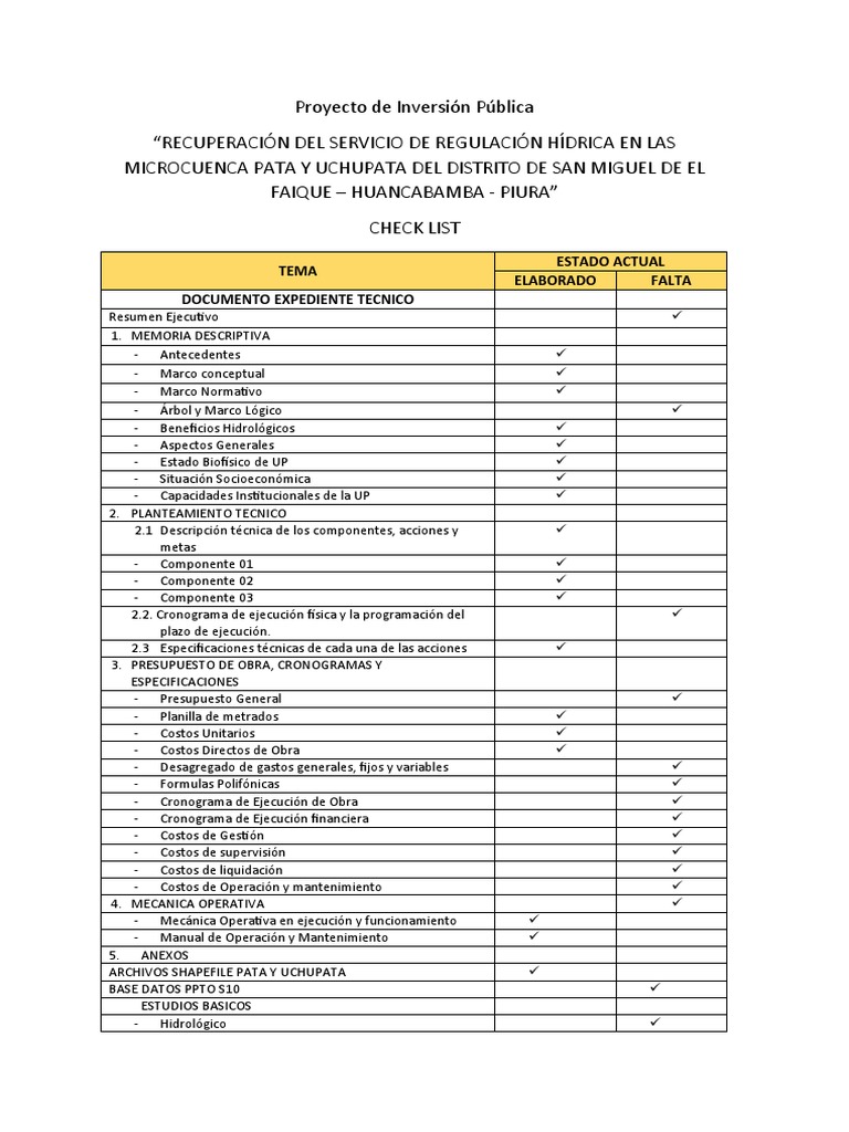 Check List Expediente Tecnico | PDF | Presupuesto | Naturaleza