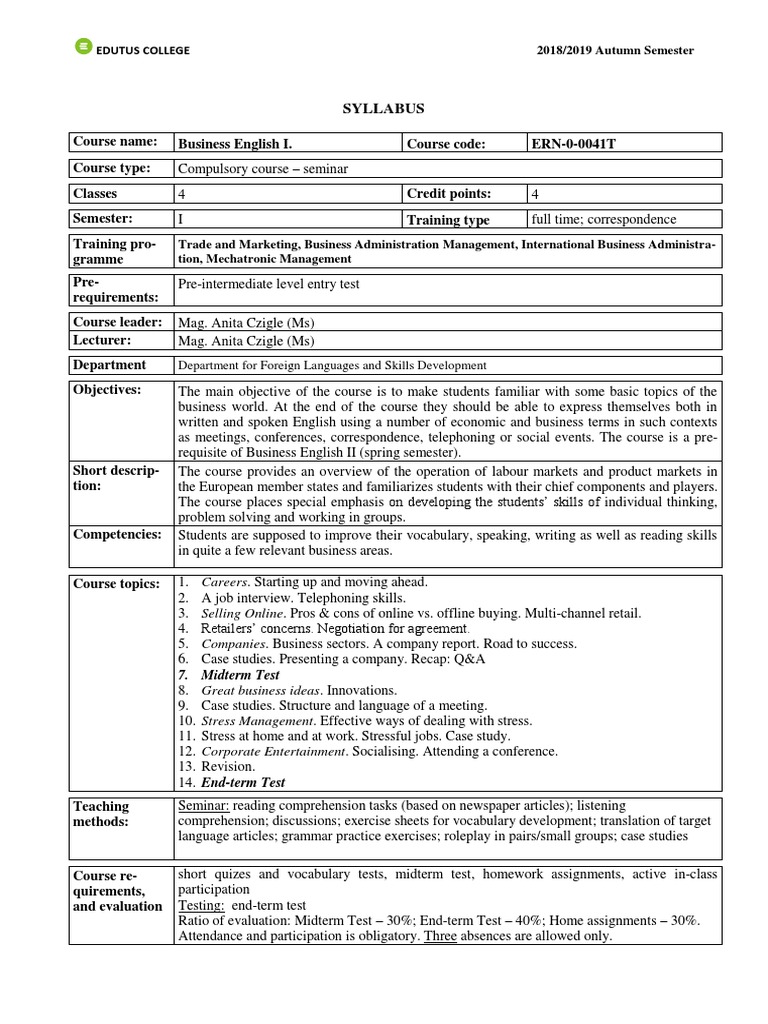 Business English Syllabus | PDF | English Language | Learning