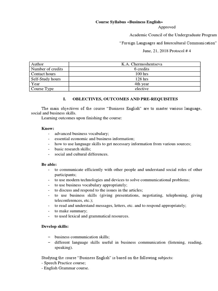 Course Syllabus Business English | PDF | Fluency | English Language