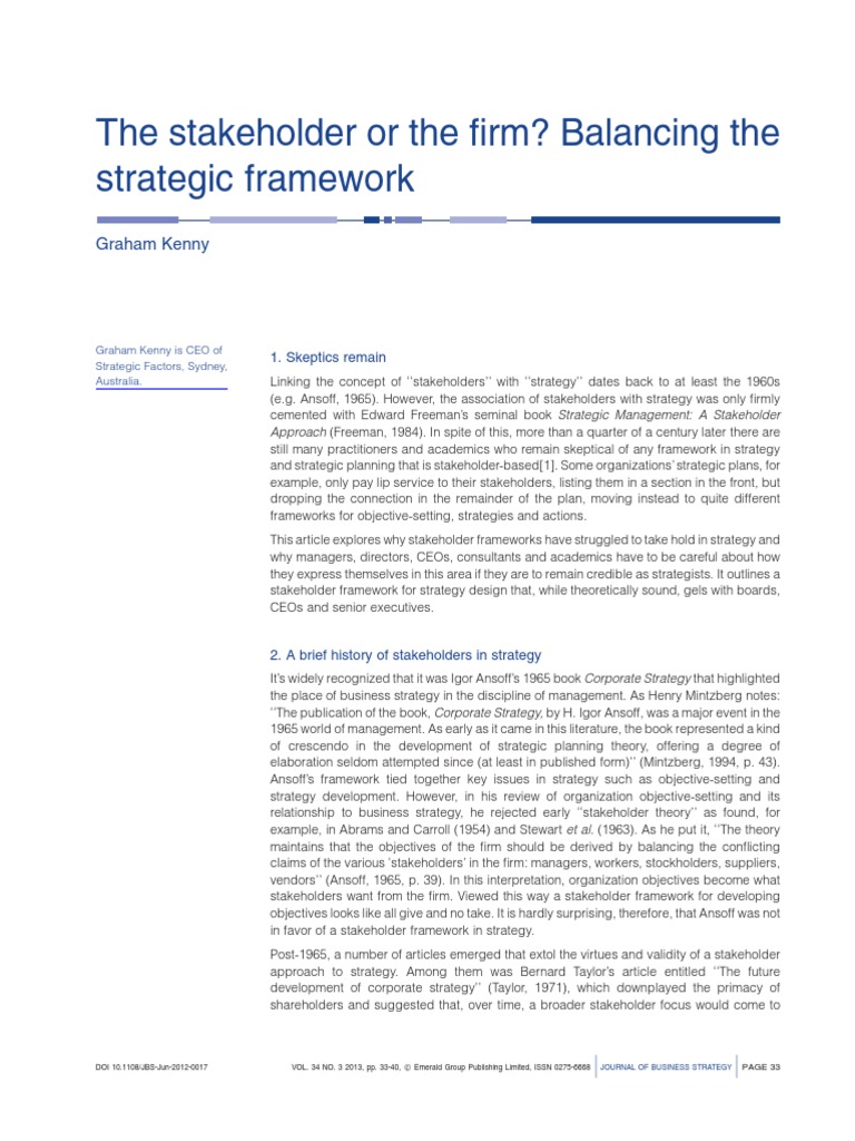 The Stakeholder or The Firm (Balancing The Strategic Framework) | PDF ...