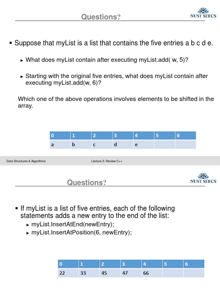 Questions?: Suppose That Mylist Is A List That Contains The Five Entries A B C D E | PDF | Array ...